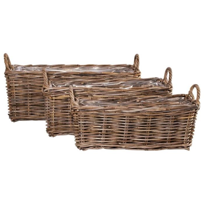 Rattan Blumenkörbe ALAZ mit Henkel, 3 Stück, rechteckig, braun, 44-58cm